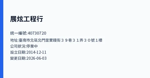 展炫工程行的照片-統編 40730720(臺南市) 公司登記資料與營業項目詳細圖表