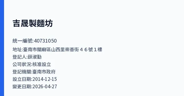 吉晟製麵坊的照片-統編 40731050(臺南市) 公司登記資料與營業項目詳細圖表