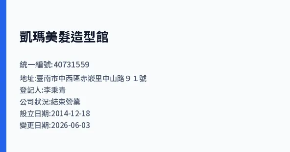 凱瑪美髮造型館的照片-統編 40731559(臺南市) 公司登記資料與營業項目詳細圖表