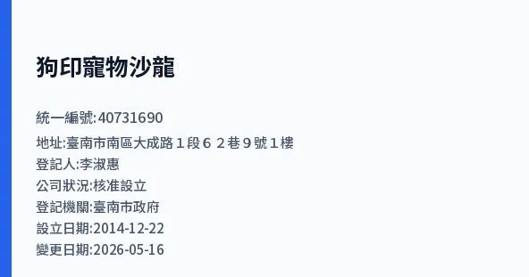 狗印寵物沙龍的照片-統編 40731690(臺南市) 公司登記資料與營業項目詳細圖表