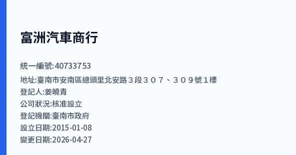 富洲汽車商行的照片-統編 40733753(臺南市) 公司登記資料與營業項目詳細圖表