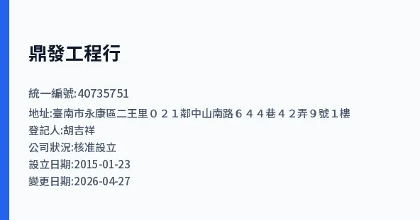 鼎發工程行的照片-統編 40735751(臺南市) 公司登記資料與營業項目詳細圖表