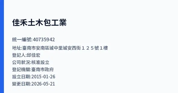 佳禾土木包工業的照片-統編 40735942(臺南市) 公司登記資料與營業項目詳細圖表