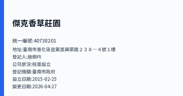傑克香草莊園的照片-統編 40738201(臺南市) 公司登記資料與營業項目詳細圖表