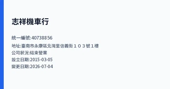 志祥機車行的照片-統編 40738856(臺南市) 公司登記資料與營業項目詳細圖表