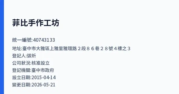 菲比手作工坊的照片-統編 40743133(臺中市) 公司登記資料與營業項目詳細圖表