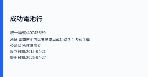 成功電池行的照片-統編 40743859(臺南市) 公司登記資料與營業項目詳細圖表