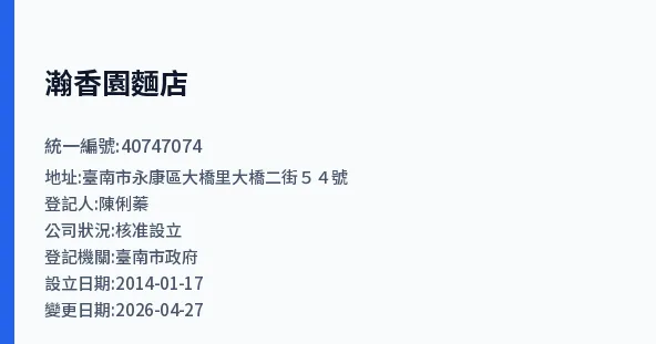 瀚香園麵店的照片-統編 40747074(臺南市) 公司登記資料與營業項目詳細圖表