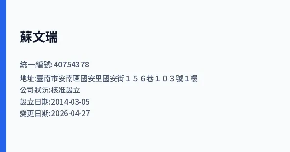 蘇文瑞的照片-統編 40754378(臺南市) 公司登記資料與營業項目詳細圖表
