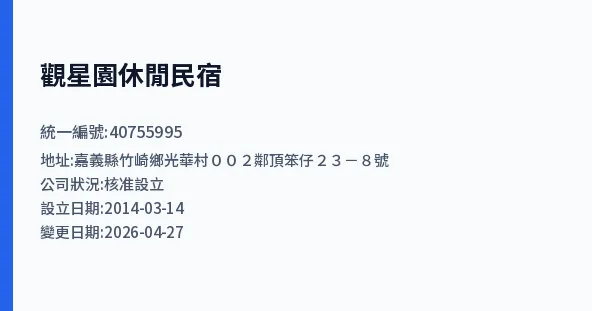 觀星園休閒民宿的照片-統編 40755995(嘉義縣) 公司登記資料與營業項目詳細圖表