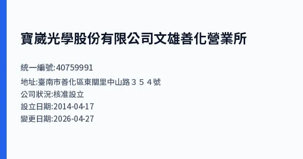 寶崴光學股份有限公司文雄善化營業所的照片-統編 40759991(臺南市) 公司登記資料與營業項目詳細圖表