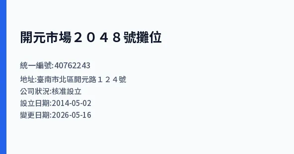 開元市場2048號攤位的照片-統編 40762243(臺南市) 公司登記資料與營業項目詳細圖表