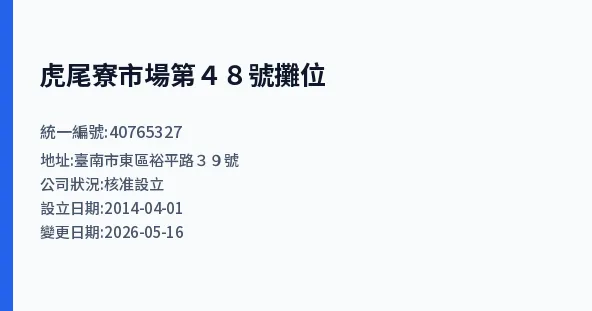 虎尾寮市場第48號攤位的照片-統編 40765327(臺南市) 公司登記資料與營業項目詳細圖表
