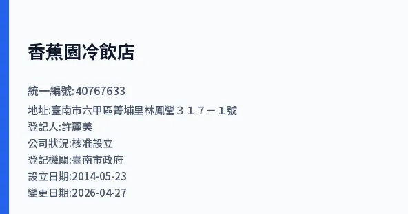 香蕉園冷飲店的照片-統編 40767633(臺南市) 公司登記資料與營業項目詳細圖表