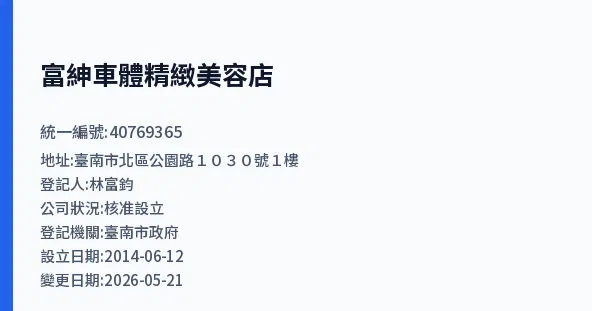 富紳車體精緻美容店的照片-統編 40769365(臺南市) 公司登記資料與營業項目詳細圖表