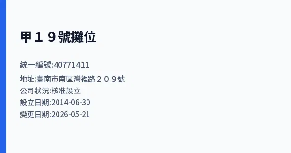 甲19號攤位的照片-統編 40771411(臺南市) 公司登記資料與營業項目詳細圖表