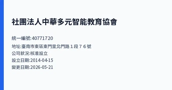 社團法人中華多元智能教育協會的照片-統編 40771720(臺南市) 公司登記資料與營業項目詳細圖表