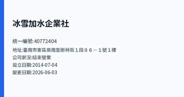 冰雪加水企業社的照片-統編 40772404(臺南市) 公司登記資料與營業項目詳細圖表