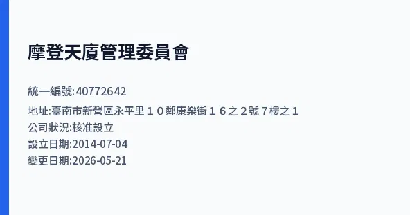 摩登天廈管理委員會的照片-統編 40772642(臺南市) 公司登記資料與營業項目詳細圖表