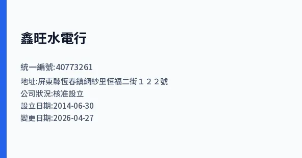 鑫旺水電行的照片-統編 40773261(屏東縣) 公司登記資料與營業項目詳細圖表
