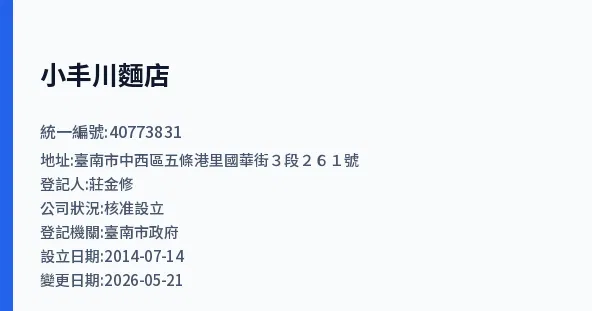 小丰川麵店的照片-統編 40773831(臺南市) 公司登記資料與營業項目詳細圖表