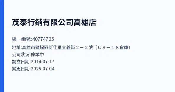 茂泰行銷有限公司高雄店的照片-統編 40774705(高雄市) 公司登記資料與營業項目詳細圖表