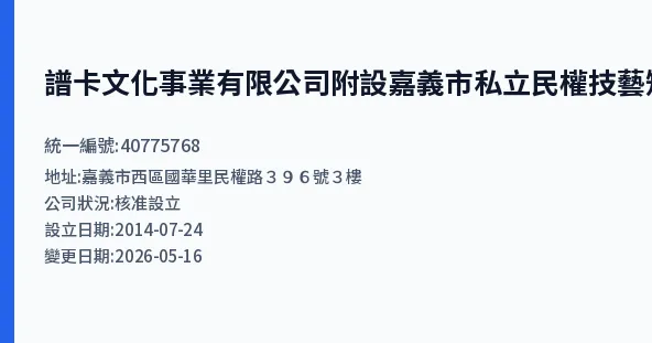 譜卡文化事業有限公司附設嘉義市私立民權技藝短期補習班的照片-統編 40775768(嘉義市) 公司登記資料與營業項目詳細圖表