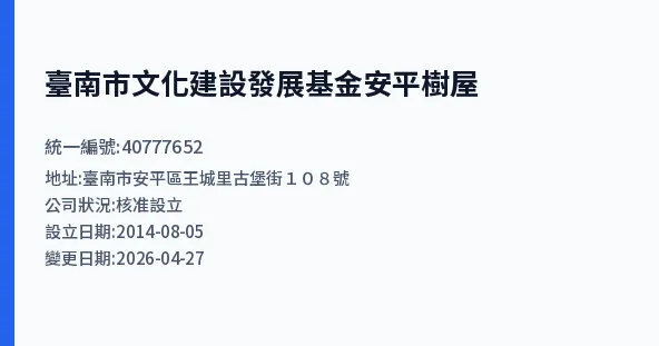 臺南市文化建設發展基金安平樹屋的照片-統編 40777652(臺南市) 公司登記資料與營業項目詳細圖表
