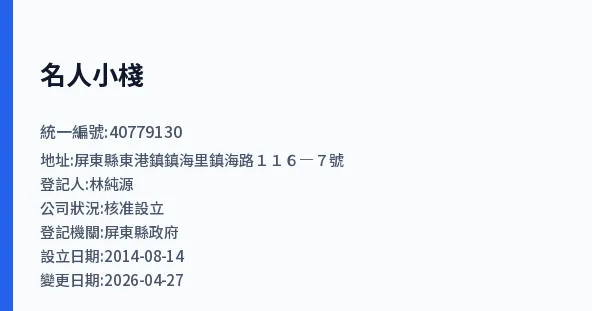 名人小棧的照片-統編 40779130(屏東縣) 公司登記資料與營業項目詳細圖表
