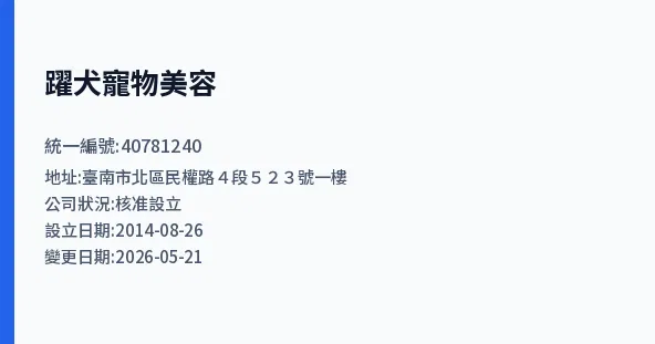 躍犬寵物美容的照片-統編 40781240(臺南市) 公司登記資料與營業項目詳細圖表