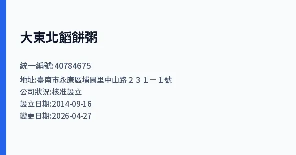 大東北饀餅粥的照片-統編 40784675(臺南市) 公司登記資料與營業項目詳細圖表