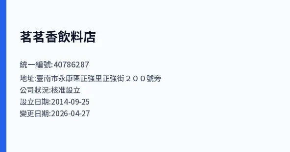 茗茗香飲料店的照片-統編 40786287(臺南市) 公司登記資料與營業項目詳細圖表