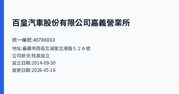 百皇汽車股份有限公司嘉義營業所的照片-統編 40786863(嘉義市) 公司登記資料與營業項目詳細圖表