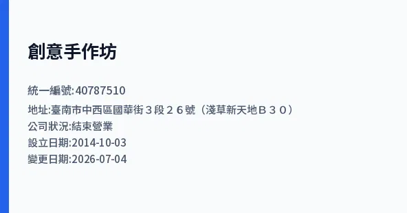 創意手作坊的照片-統編 40787510(臺南市) 公司登記資料與營業項目詳細圖表