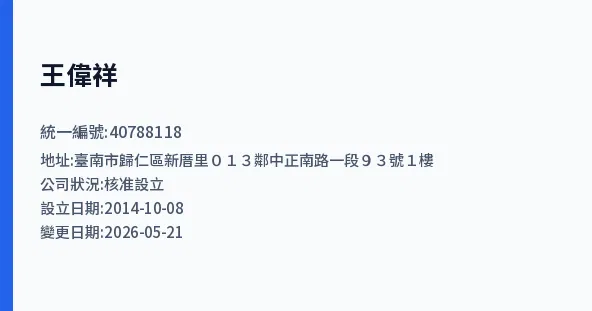 王偉祥的照片-統編 40788118(臺南市) 公司登記資料與營業項目詳細圖表