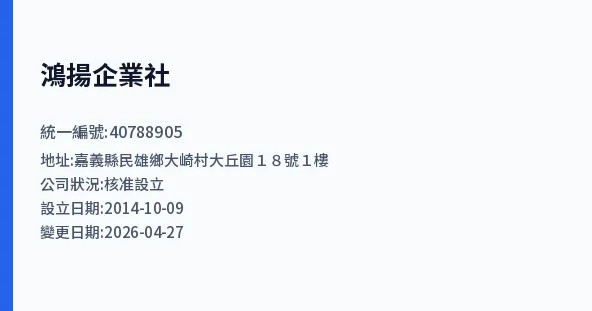 鴻揚企業社的照片-統編 40788905(嘉義縣) 公司登記資料與營業項目詳細圖表