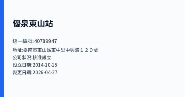 優泉東山站的照片-統編 40789947(臺南市) 公司登記資料與營業項目詳細圖表