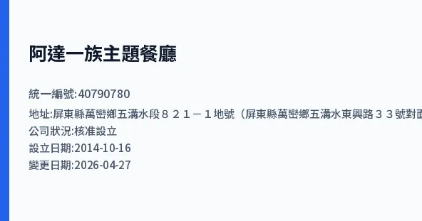 阿達一族主題餐廳的照片-統編 40790780(屏東縣) 公司登記資料與營業項目詳細圖表