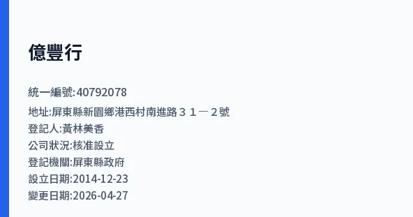 億豐行的照片-統編 40792078(屏東縣) 公司登記資料與營業項目詳細圖表