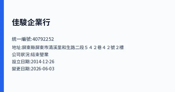 佳駿企業行的照片-統編 40792252(屏東縣) 公司登記資料與營業項目詳細圖表