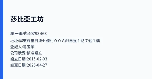 莎比亞工坊的照片-統編 40793463(屏東縣) 公司登記資料與營業項目詳細圖表