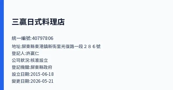 三贏日式料理店的照片-統編 40797806(屏東縣) 公司登記資料與營業項目詳細圖表