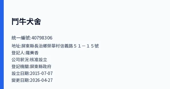 鬥牛犬舍的照片-統編 40798306(屏東縣) 公司登記資料與營業項目詳細圖表