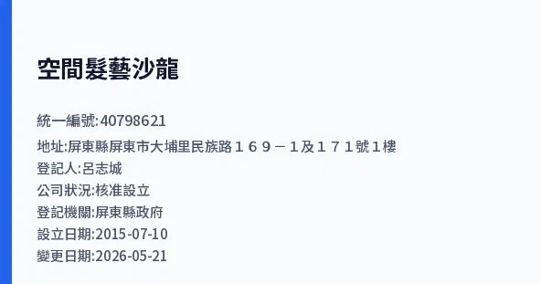 空間髮藝沙龍的照片-統編 40798621(屏東縣) 公司登記資料與營業項目詳細圖表