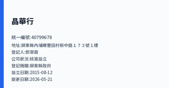 晶華行的照片-統編 40799678(屏東縣) 公司登記資料與營業項目詳細圖表