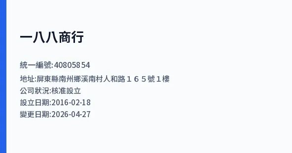 一八八商行的照片-統編 40805854(屏東縣) 公司登記資料與營業項目詳細圖表