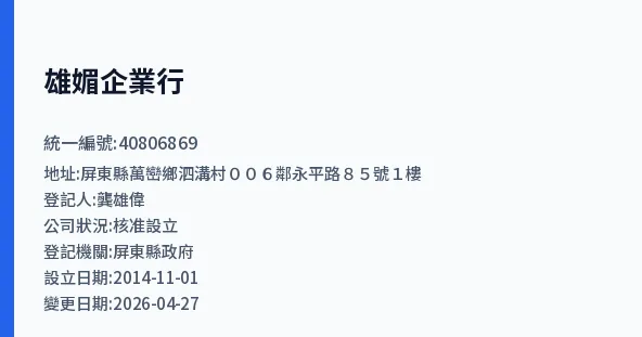 雄媚企業行的照片-統編 40806869(屏東縣) 公司登記資料與營業項目詳細圖表