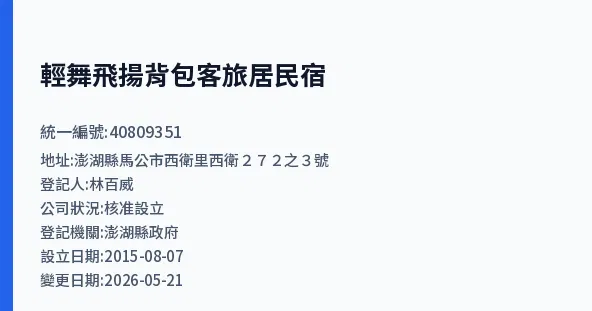 輕舞飛揚背包客旅居民宿的照片-統編 40809351(澎湖縣) 公司登記資料與營業項目詳細圖表