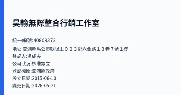 昊翰無際整合行銷工作室的照片-統編 40809373(澎湖縣) 公司登記資料與營業項目詳細圖表