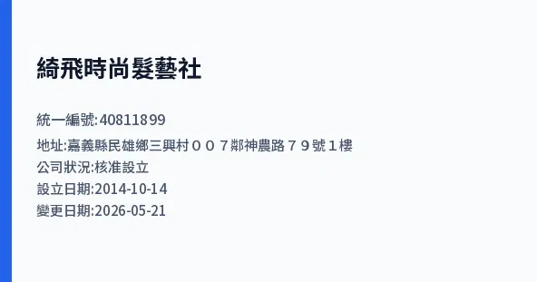 綺飛時尚髮藝社的照片-統編 40811899(嘉義縣) 公司登記資料與營業項目詳細圖表